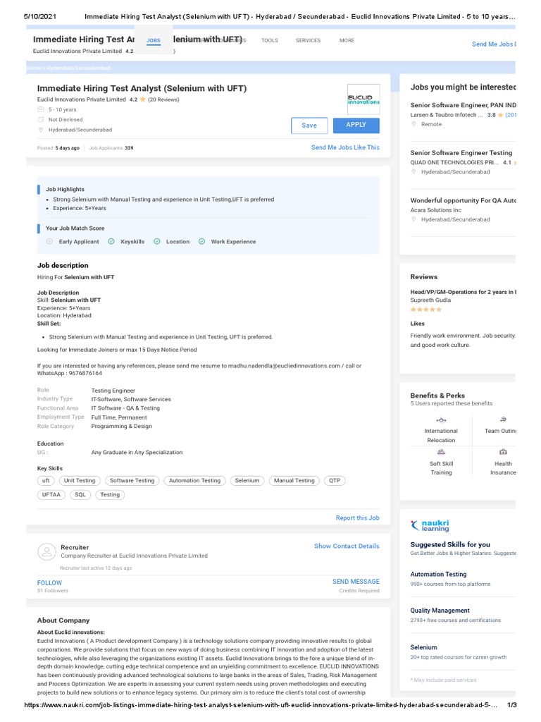 Immediate Hiring Test Analyst (Selenium With UFT) - Hyderabad ...