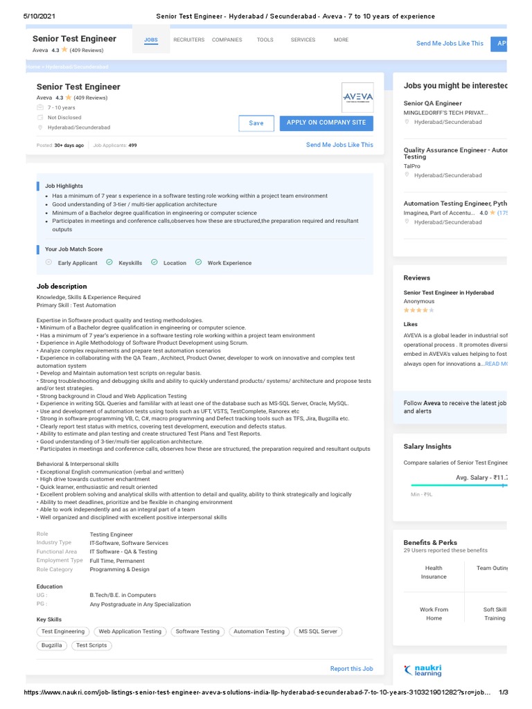 Senior Test Engineer Role at Aveva Hyderabad | PDF | Selenium (Software ...