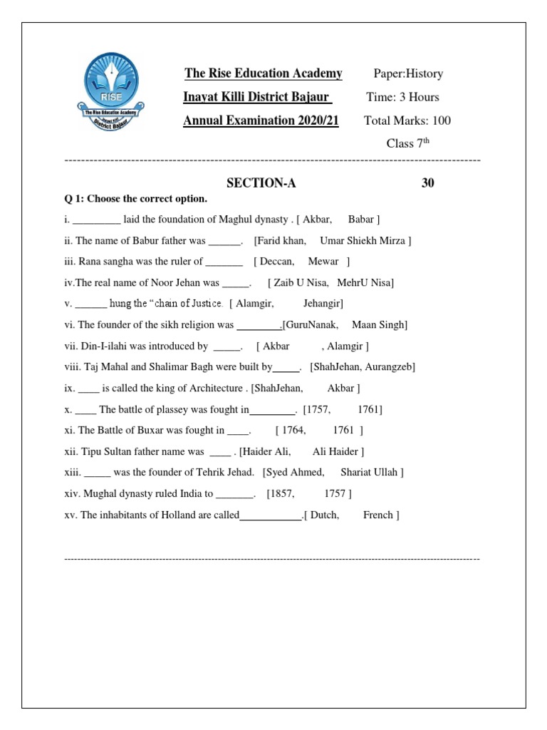 The Rise Education Academy Paper:History: Q 1: Choose The Correct ...
