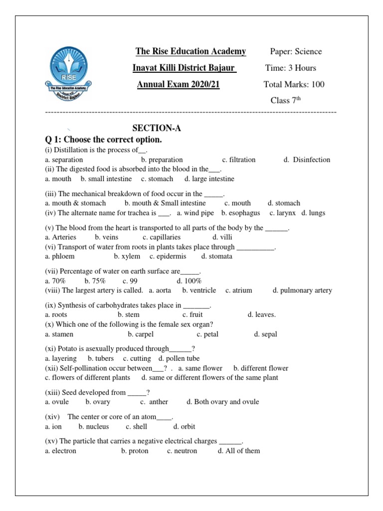 Science 7th Paper | PDF | Artery | Atomic Nucleus