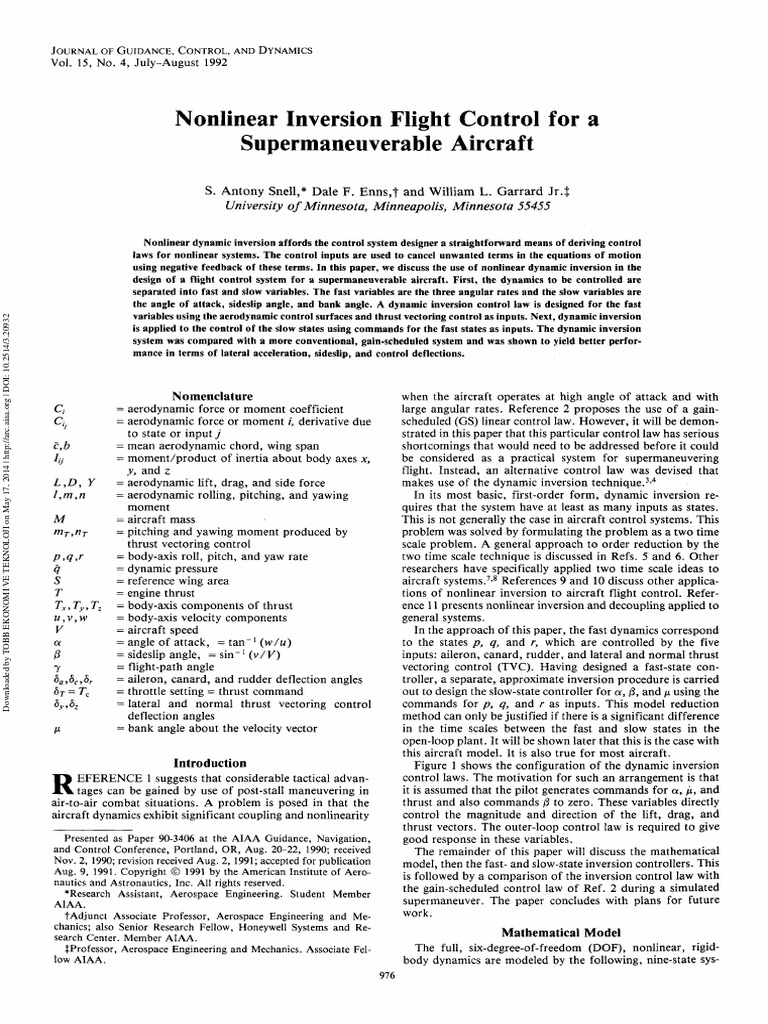 Nonlinear Inversion Flight Control For A Supermaneuverable Aircraft | PDF | Flight Dynamics ...