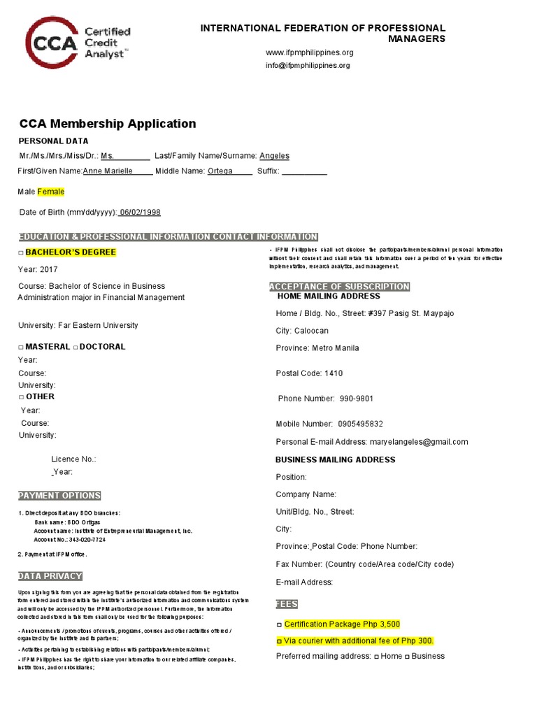 CCA Membership Application: International Federation of Professional ...
