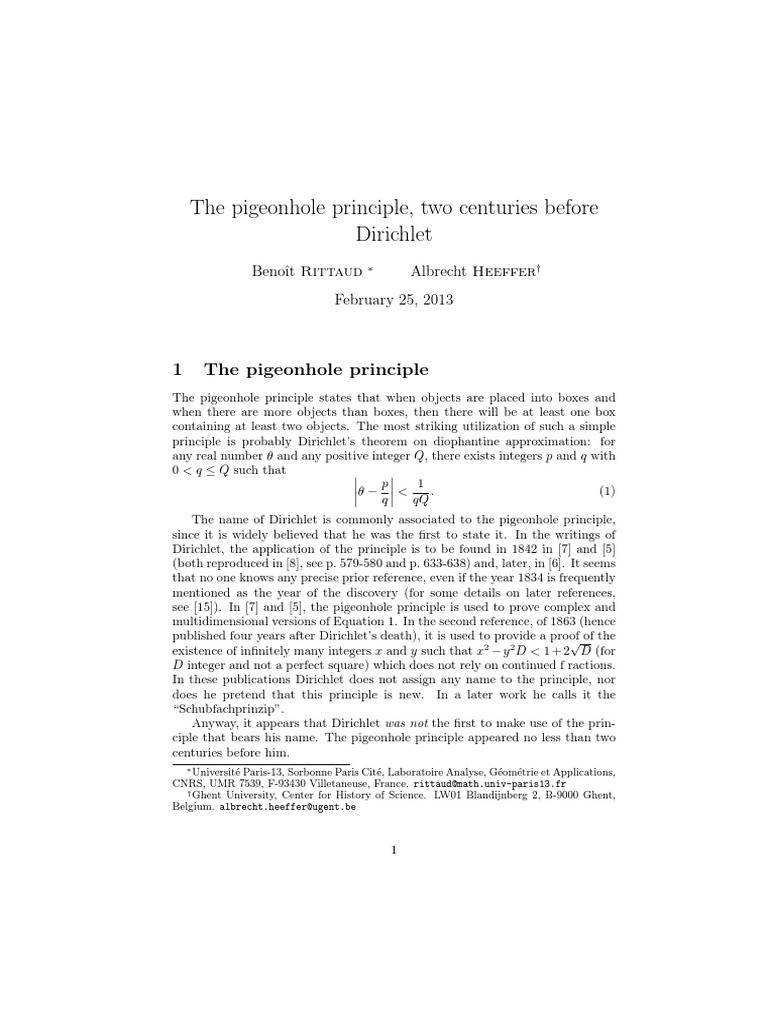 The Origins of the Pigeonhole Principle: Tracing its First Use Back Two Centuries Before ...
