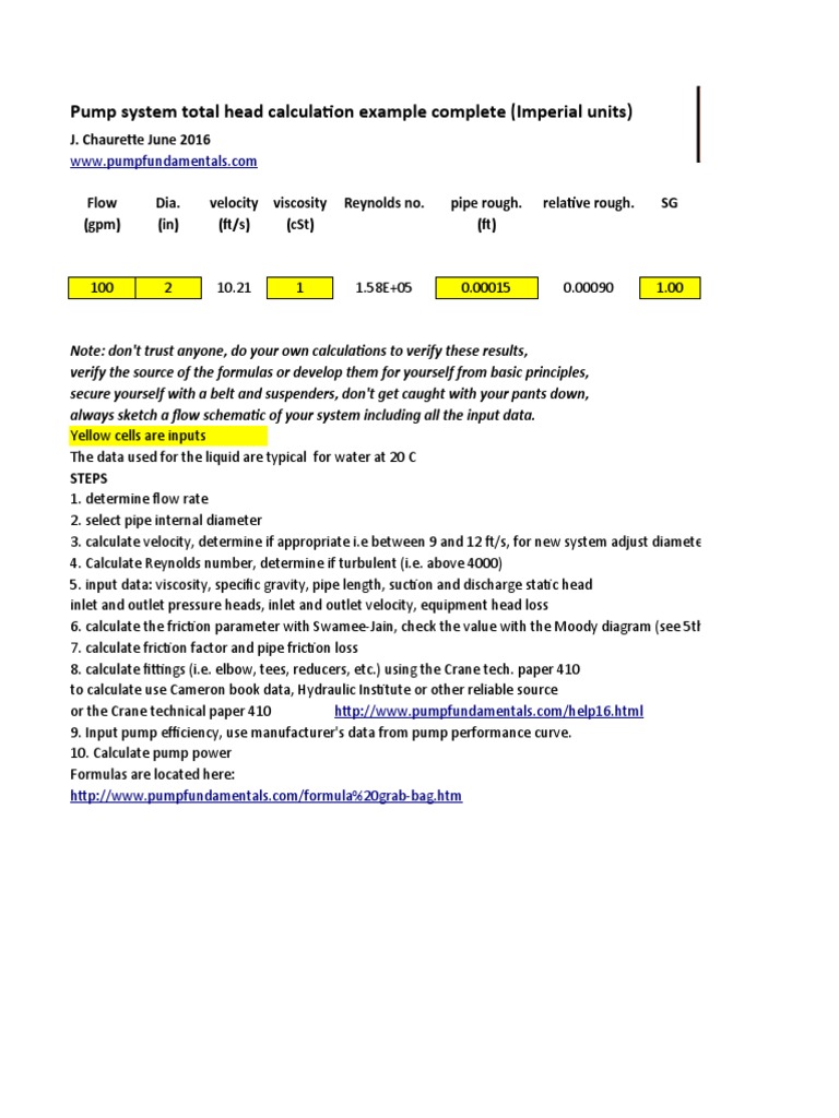 Pump System Total Head Calculation Example Complete (Imperial Units) | PDF