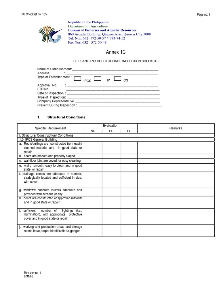 Annex 1C - Ice Plant and Cold Storage Inspection Checklist | PDF ...