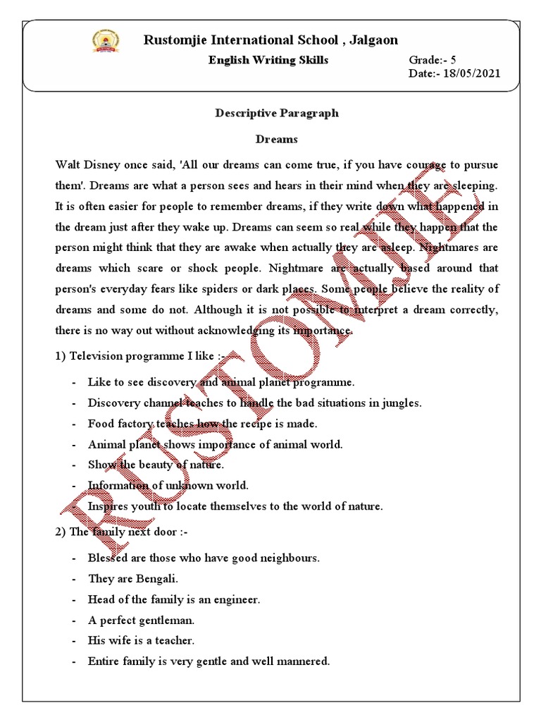 PT 1 - Grade 5 English Writing Skills | PDF | Escalator | Dream