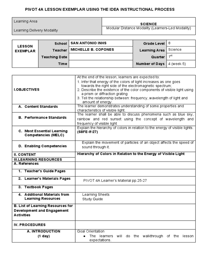 Pivot 4A Lesson Exemplar Using The Idea Instructional Process | PDF ...