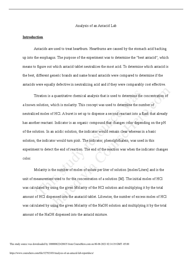 Antacid Effectiveness Analysis Lab Report | PDF | Mole (Unit ...
