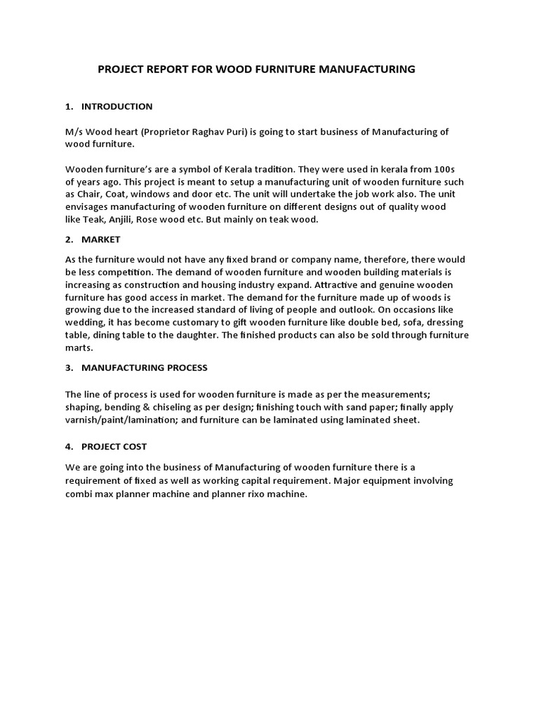Project Report For Wood Furniture Manufacturing | PDF