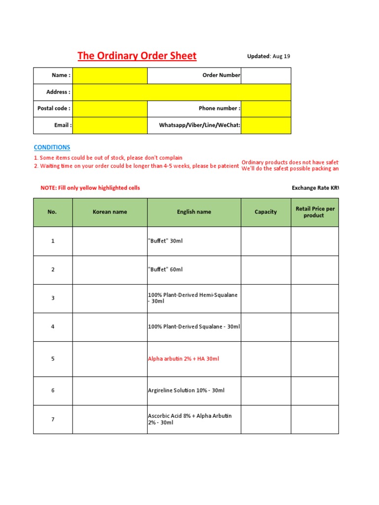 The Ordinary Order Sheet: Updated: Aug 19 | PDF | Vitamin C | Chemical ...