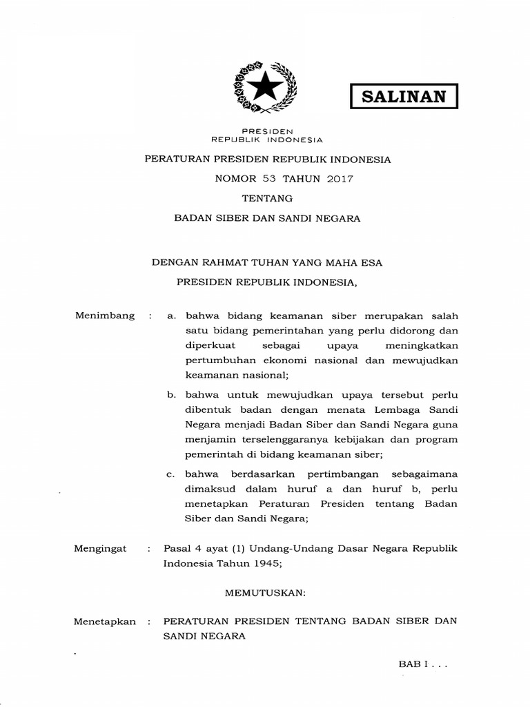 Perpres Nomor 53 Tahun 2017 Badan Siber Sandi Negara BSSN PDF | PDF