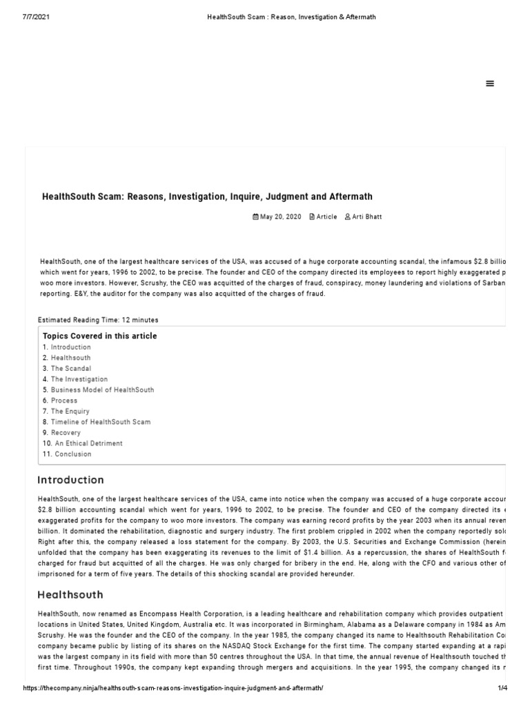 HealthSouth Scam - Reason, Investigation & Aftermath | PDF | Companies ...