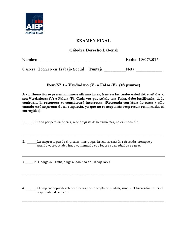 Examen Final Laboral Aiep | PDF | Derecho laboral | Salario