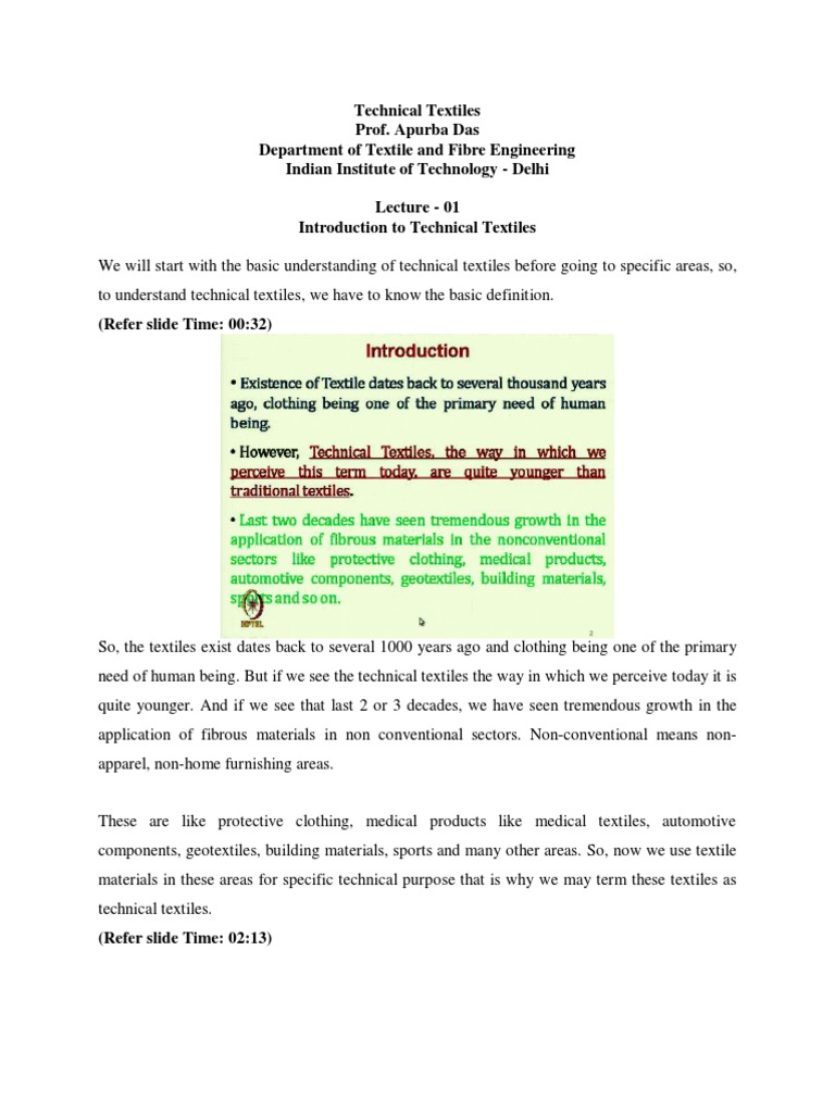 Lecture 1 - Introduction To Technical Textiles | PDF | Textiles | Yarn