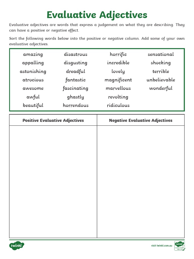Au t2 e 41539 Evaluative Adjectives Sorting Activity Ver 1 | PDF