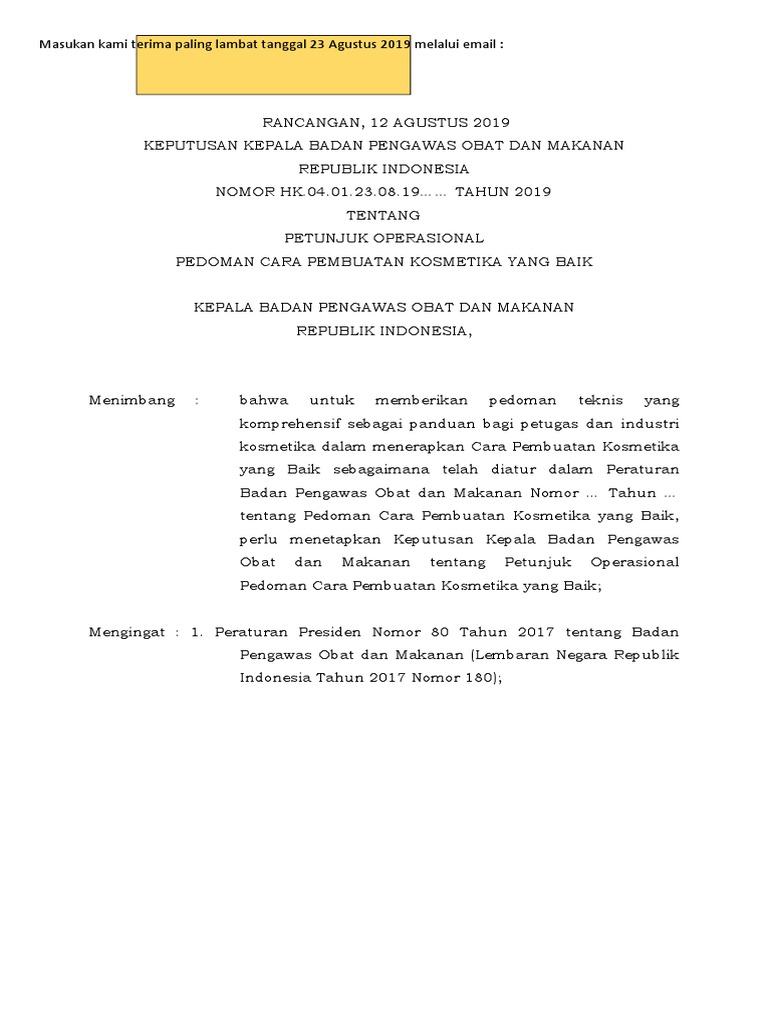 Rancangan Pedoman Operasional CPKB 2019 | PDF