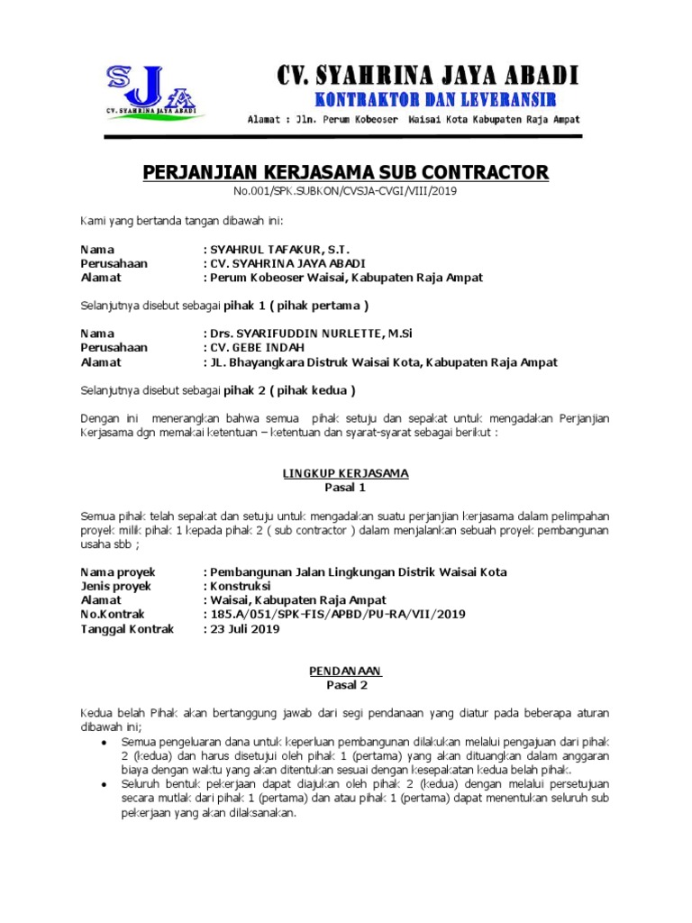 Surat Perjanjian Subkon | PDF
