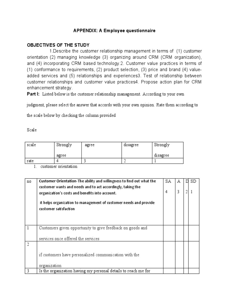APPENDIX: A Employee Questionnaire Objectives of The Study | PDF ...
