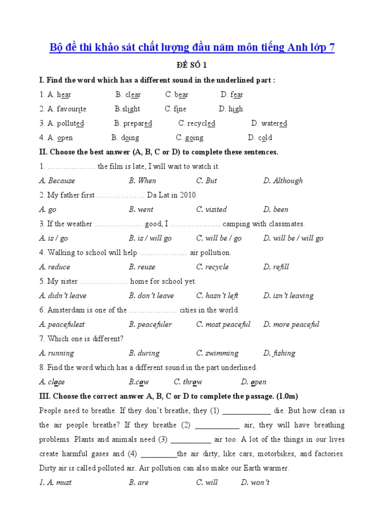 De Thi Khao Sat Chat Luong Dau Nam Mon Tieng Anh Lop 7 | PDF | Hanoi | Pollution