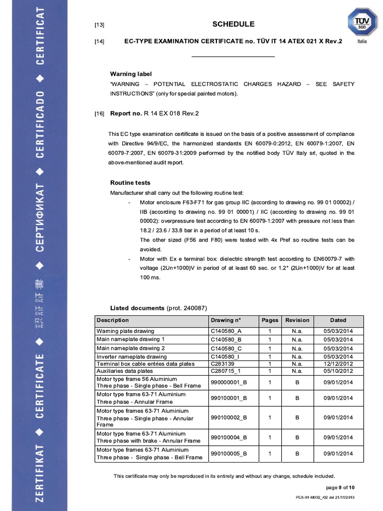Certificato Di Conformità Schema CESI-ATEX TUV IT 14 ATEX 021 X | PDF