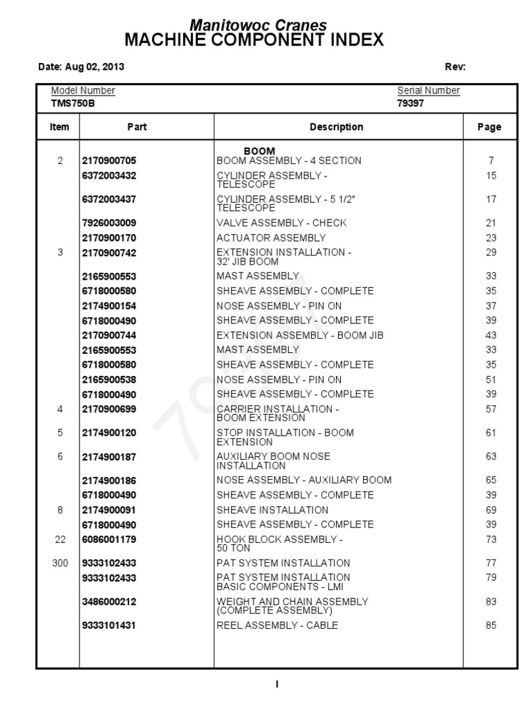 Manitowoc TMS750B Component Index | PDF | Axle | Crane (Machine)