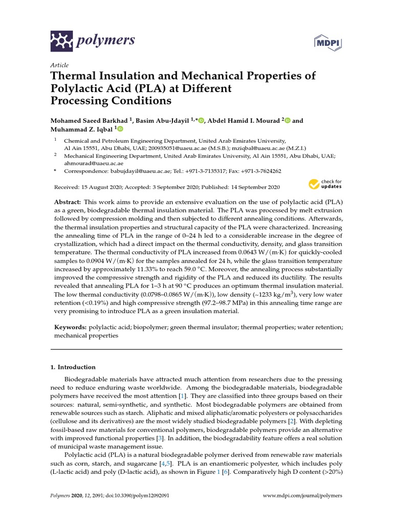 Thermal Insulation and Mechanical Properties Ofpolylactic Acid (PLA) at ...