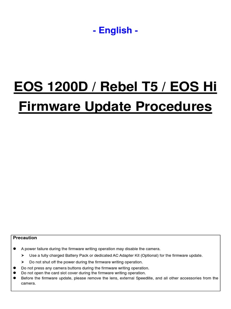EOS 1200D / Rebel T5 / EOS Hi Firmware Update Procedures: - English ...