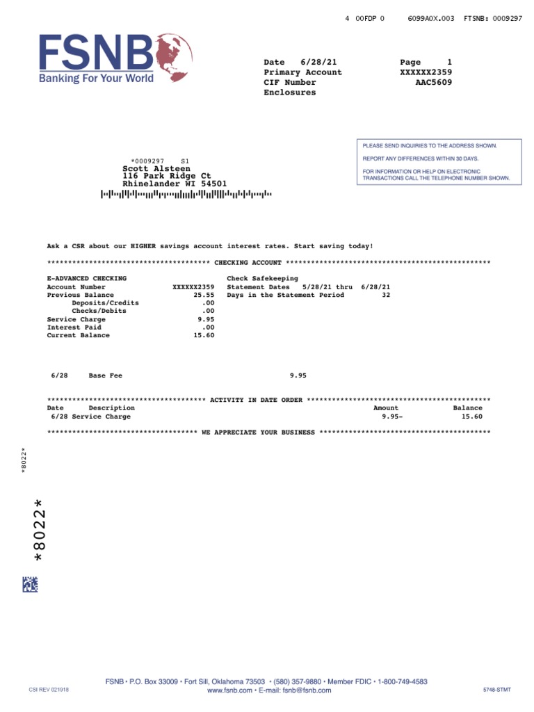 Bank statement for Scott Alsteen's E-Advanced checking account for the ...