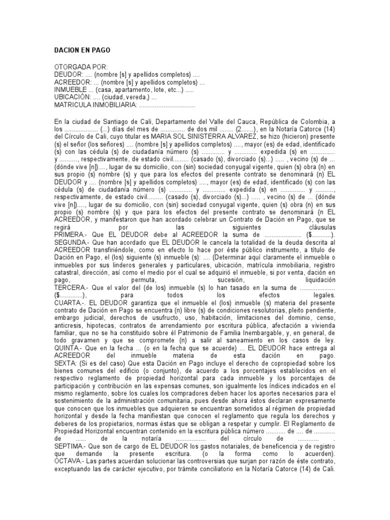 Modelo de Dacion en Pago | PDF | Pagos | Hipoteca Comercial