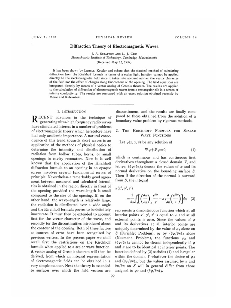 Diffraction Theory of Electromagnetic Waves | PDF | Integral | Waves
