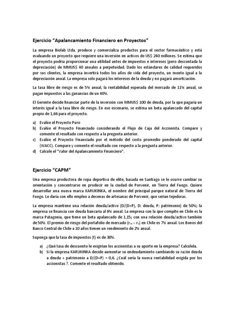 Ejercicios Apalancamiento Financiero y CAPM | PDF | Apalancamiento (Finanzas) | Modelo de ...