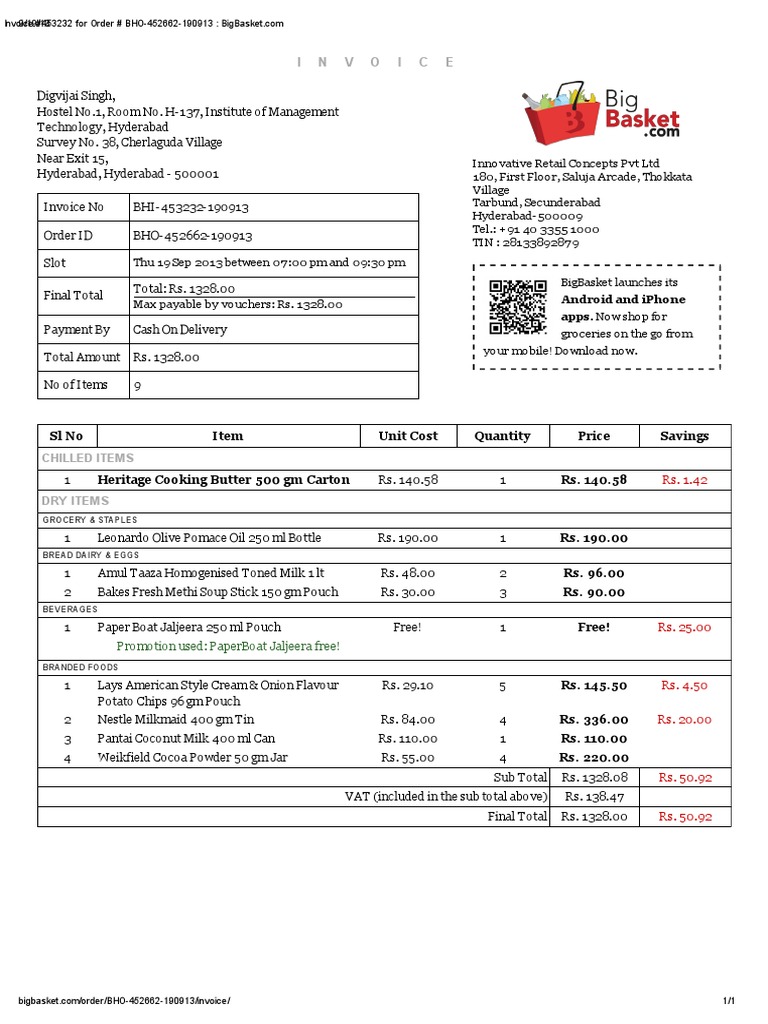 Invoice 453232 For Order BHO 452662 190913 BigBasket 1 | PDF | Milk ...