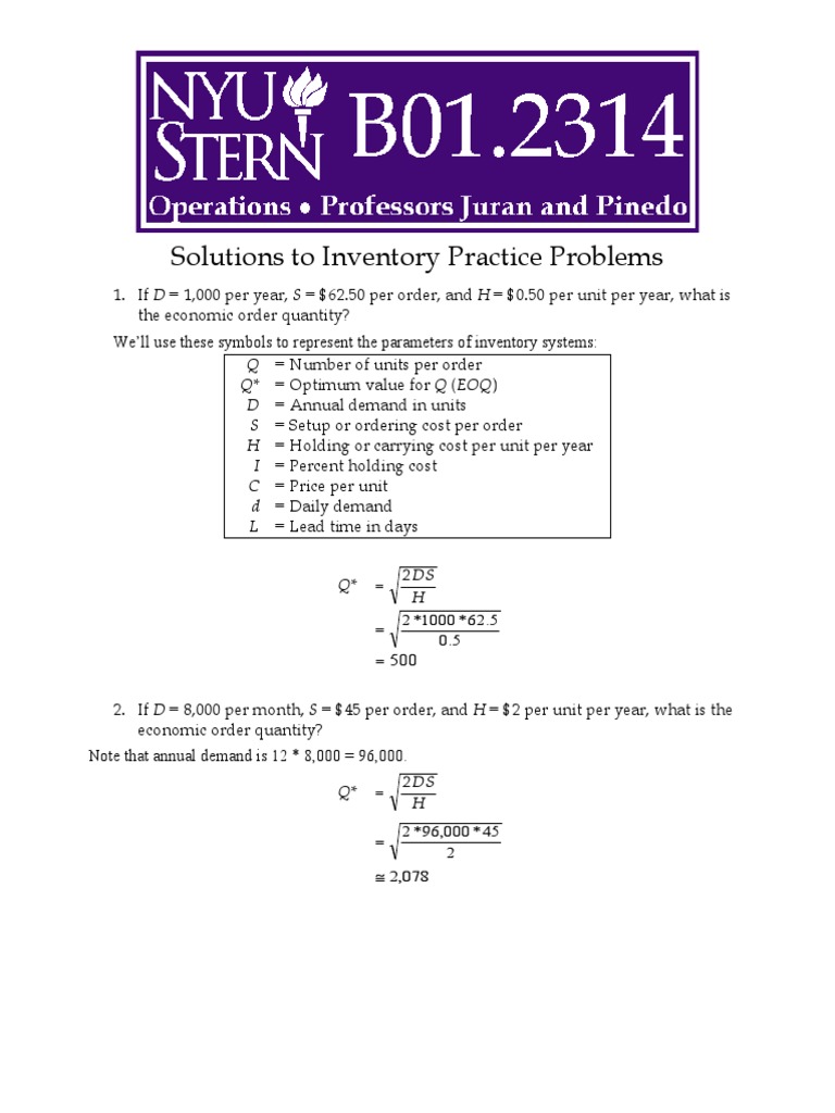 Solutions To Inventory Practice Problems | PDF | Demand | Applied ...