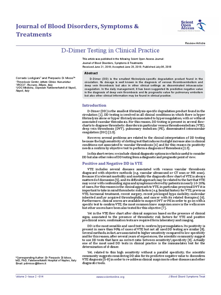 D Dimer Testing in Clinical Practice | PDF | Thrombosis | Body Fluids