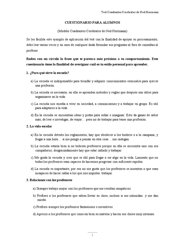 Test Cuadrantes Cerebrales de Herrmann | PDF | Cuestionario | Prueba ...