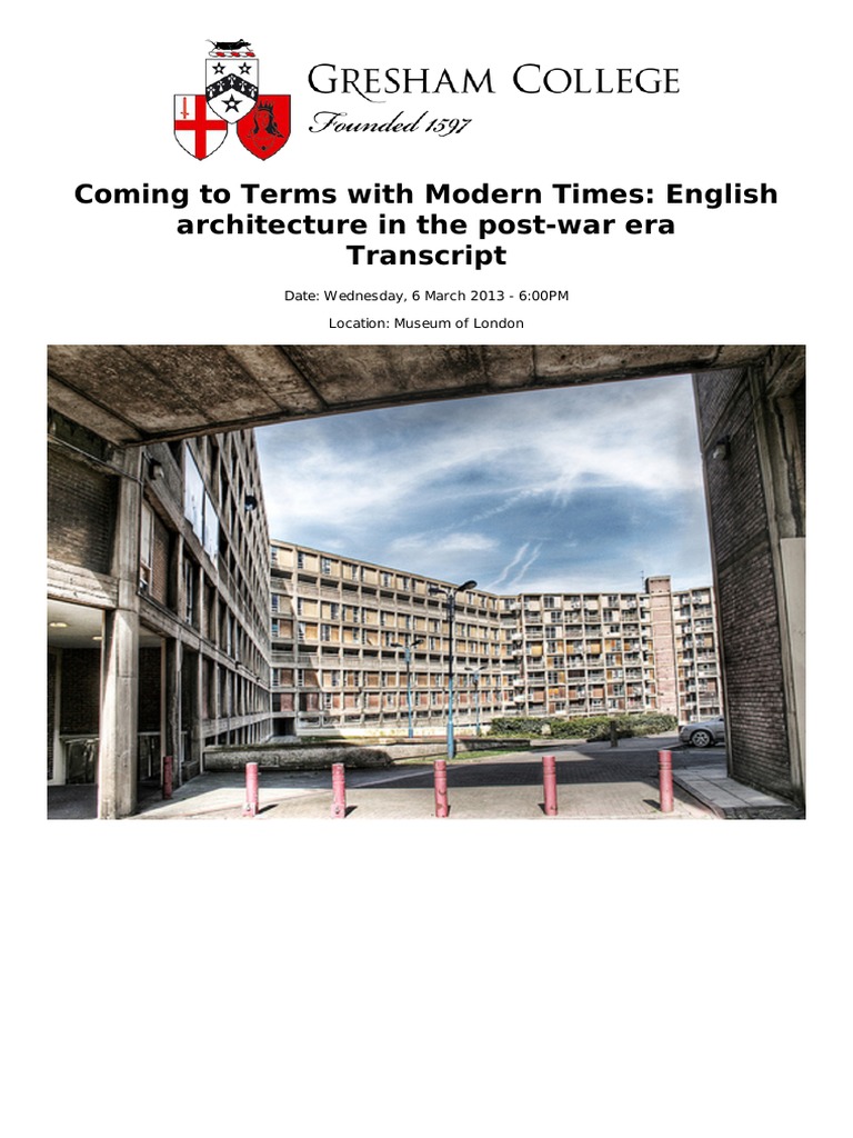 Coming To Terms With Modern Times English Architecture in The Post War ...