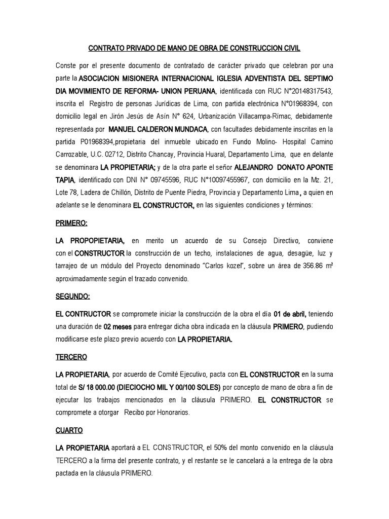 Contrato de Construccion | PDF | Lima