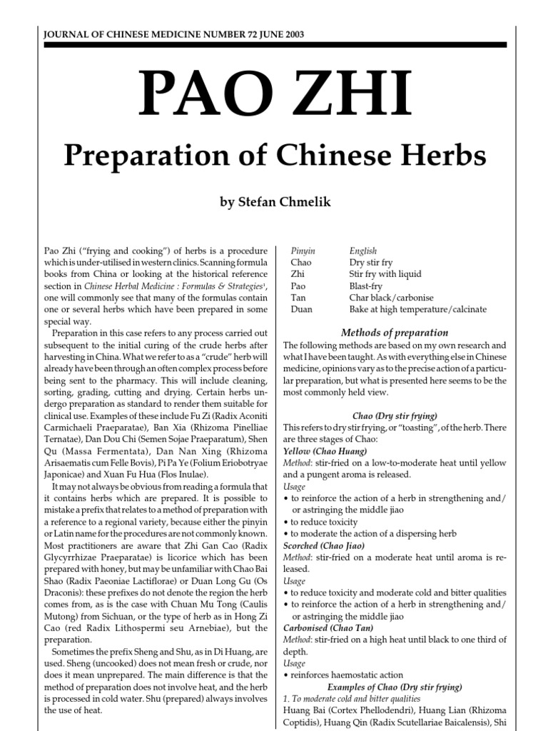 Pao Zhi: Preparation of Chinese Herbs | PDF | Stir Frying | Herbalism