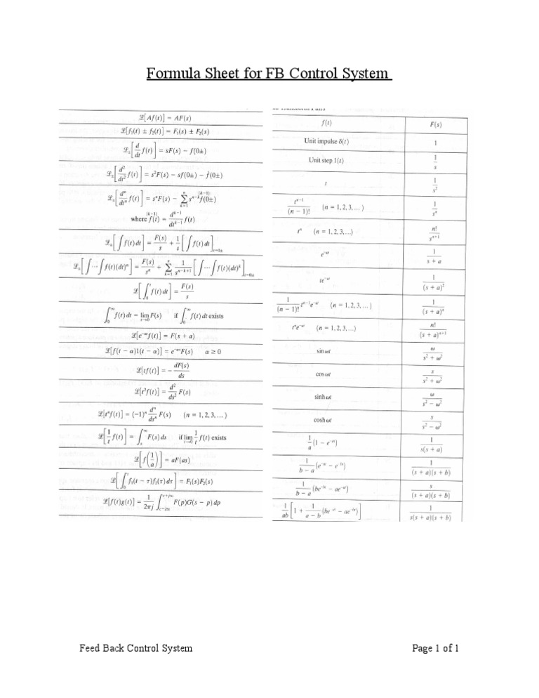 FB Control System Formula Sheet | PDF