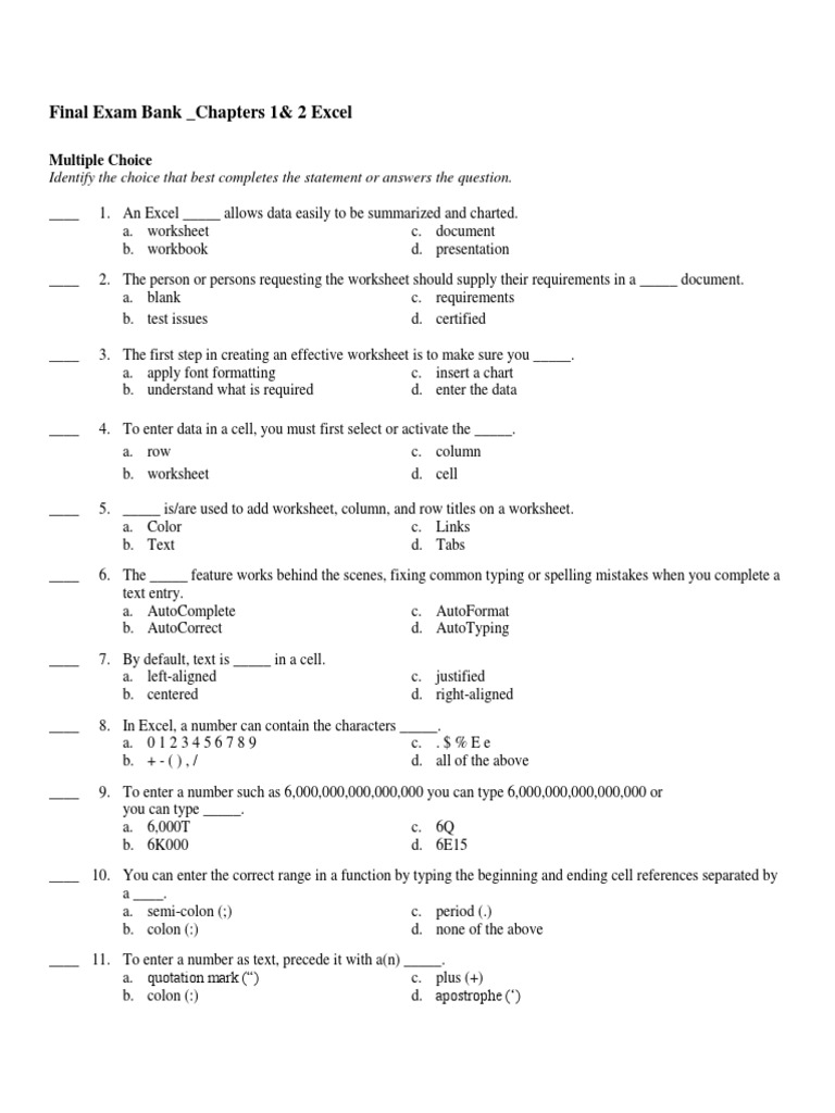 Excel Final Exam Review: Chapters 1 & 2 | PDF | Worksheet | Microsoft Excel