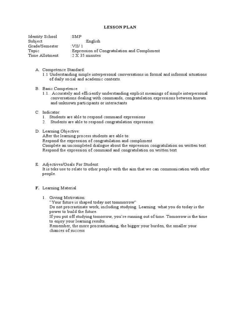 Lesson Plan Interpersonal Teks Grade VII SEMESTER 1 | PDF | Lesson Plan ...