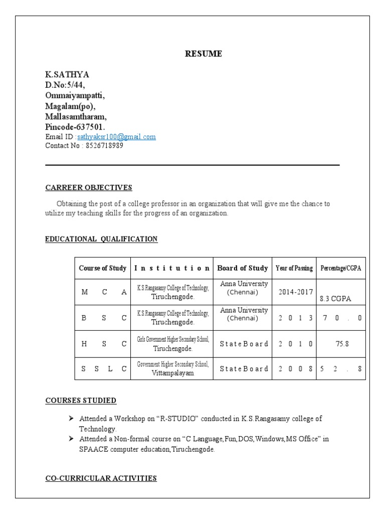 College Professor Resume of K. Sathya | PDF | Human Nature | Computing ...