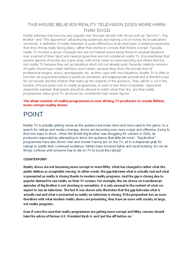 This House Believes Reality Television Does More Harm Than Good | PDF ...