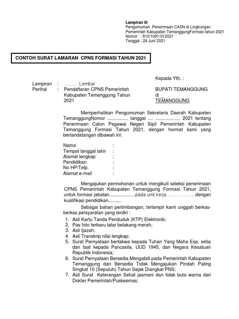 Contoh Surat Lamaran Cpns Formasi Tahun 2021 | PDF