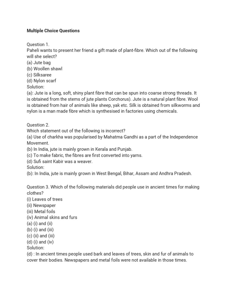 Multiple Choice Questions | PDF | Textiles | Yarn