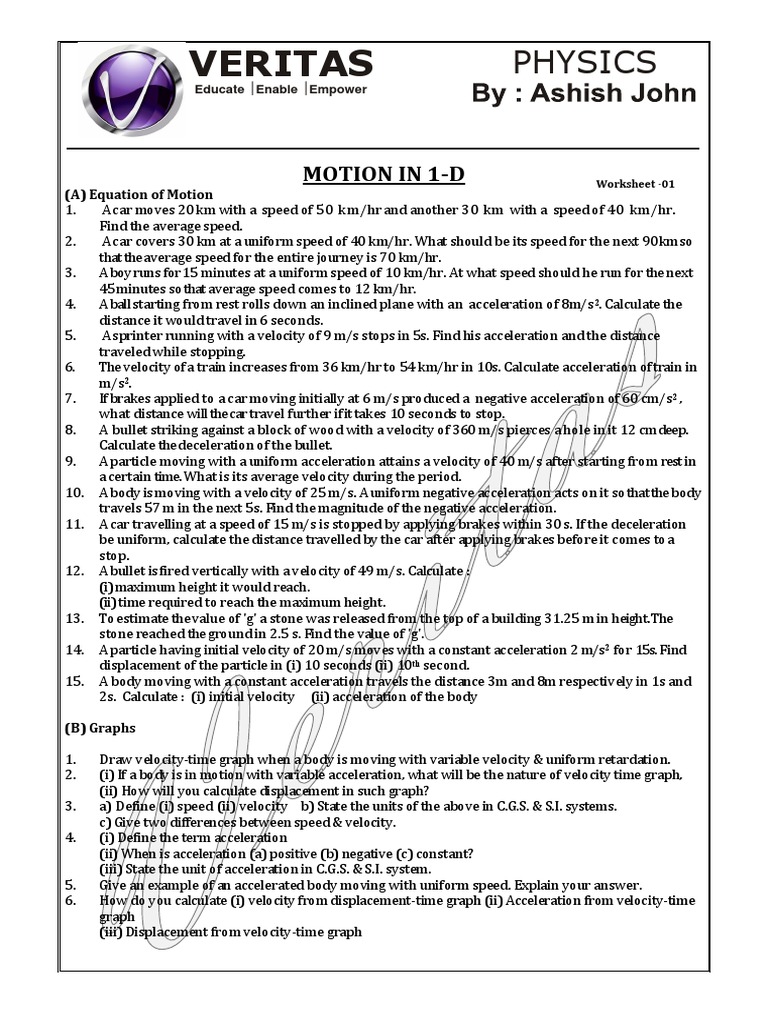 Motion One Dimension-01 (Worksheet) | PDF | Acceleration | Velocity