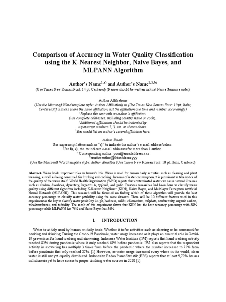 Comparison of Accuracy in Water Quality Classification Using The K-Nearest Neighbor, Naive Bayes ...