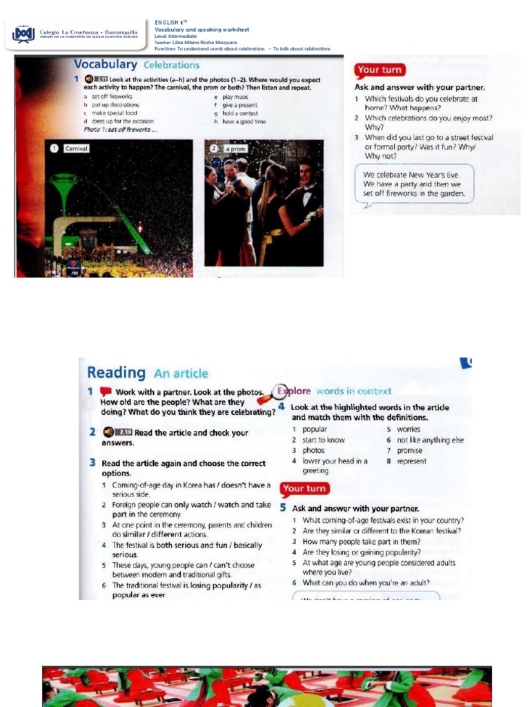 Celebrations Vocabulary and Speaking Worksheet | PDF