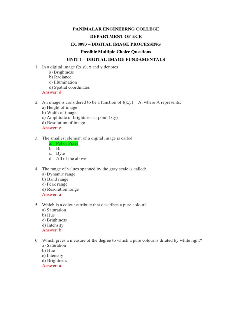 DIP Unit 1 MCQ | PDF | Rgb Color Model | Eye