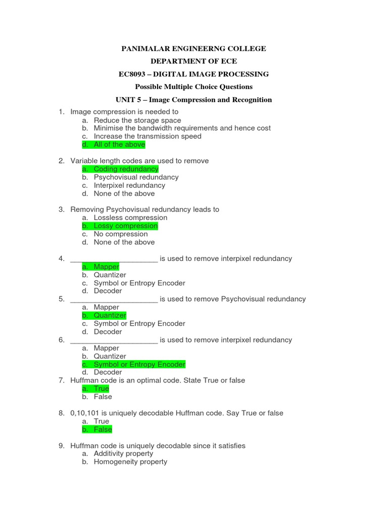 DIP Unit 5 MCQ | PDF | Data Compression | Codec